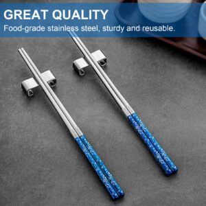 FOFAYU Metal Chopsticks Reusable 2 Pairs Titanium Plated Stainless Steel Chopsticks with Holder, Dishwasher Safe Non-Slip Japanese Style Chop Sticks Gift Set (Blue Silver)