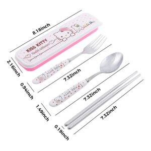 G-Ahora Kitty Portable Camp Reusable Flatware Kitty Cat Travel Utensils Case with Stainless Steel Fork Spoon Chopsticks(SCF-KT)