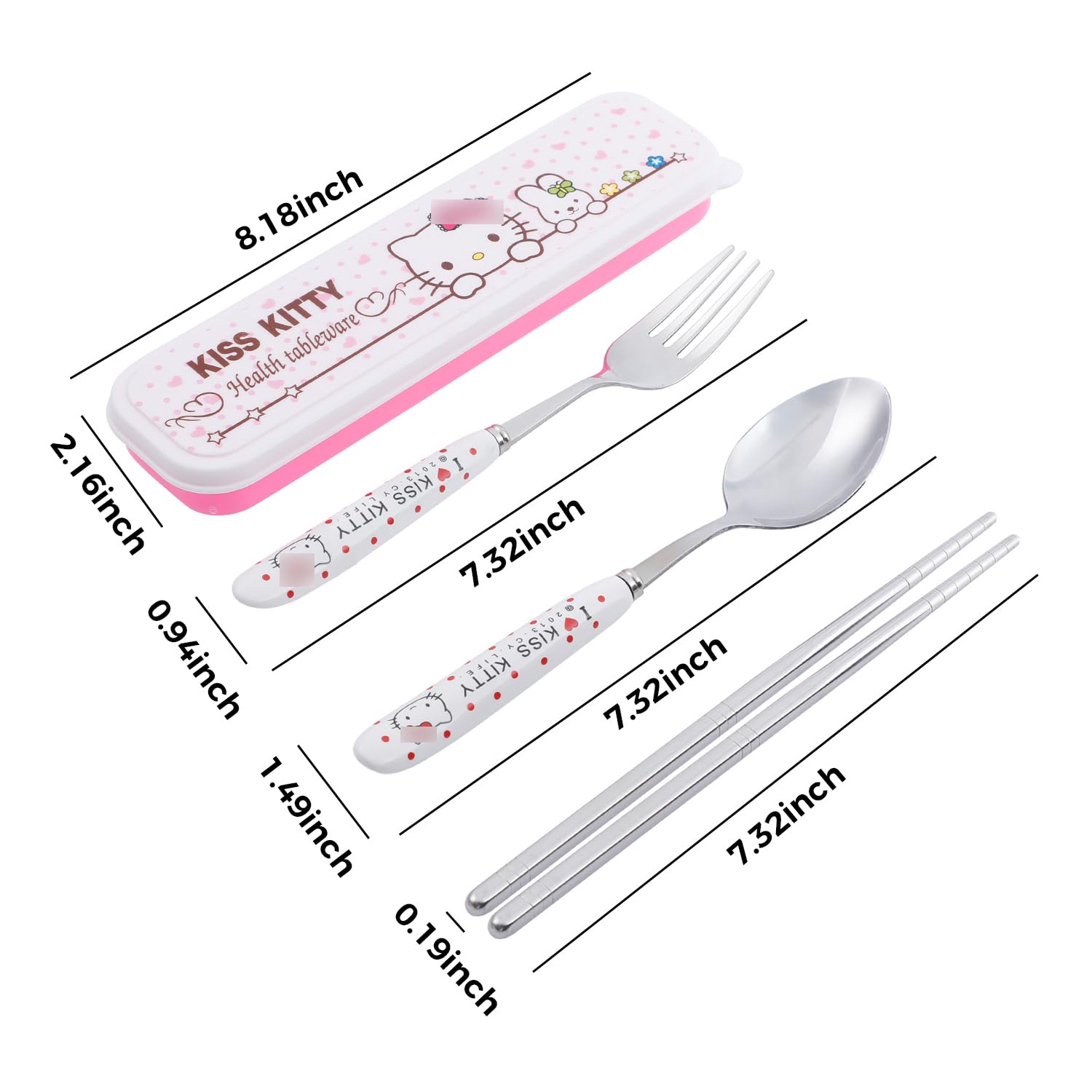 G-Ahora Kitty Portable Camp Reusable Flatware Kitty Cat Travel Utensils Case with Stainless Steel Fork Spoon Chopsticks(SCF-KT)