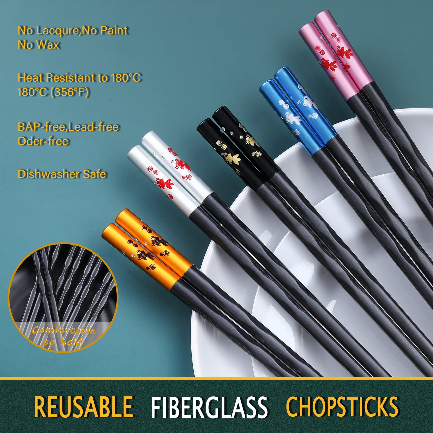 HuaLan Fiberglass Chopsticks Series - Japanese Non-Slip Chopstick, Reusable Chop Sticks Dishwasher Safe, 5 Pairs, Gift Set, 9.9 Inches