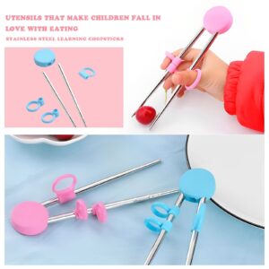 BLMHTWO 2 Pairs Kids Chopsticks Training Chopsticks for Kids Reusable Metal Chopsticks with Attachable Silicone Chopstick Helper for Children Adults Learning Beginners