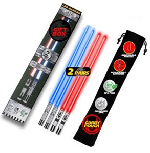 lightsaber chopsticks light up star wars led glowing light saber chop sticks reusable sushi lightup sabers-removable handle dishwasher safe-premium gift box & carry case included -blue & red - 2 pairs