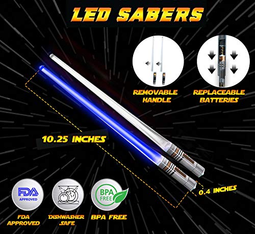 LIGHTSABER CHOPSTICKS LIGHT UP STAR WARS LED Glowing Light Saber Chop Sticks REUSABLE Sushi Lightup Sabers-Removable Handle Dishwasher Safe-Premium GIFT BOX & CARRY CASE Included -Blue & Red - 2 Pairs