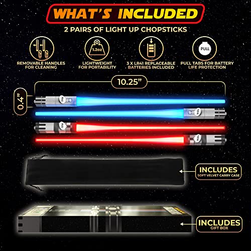 LIGHTSABER CHOPSTICKS LIGHT UP STAR WARS LED Glowing Light Saber Chop Sticks REUSABLE Sushi Lightup Sabers-Removable Handle Dishwasher Safe-Premium GIFT BOX & CARRY CASE Included -Blue & Red - 2 Pairs