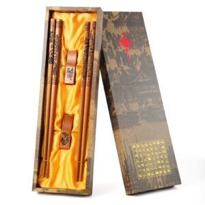 chopsticks reusable- chinese style chopsticks, dragon and phoenix chopsticks set with holder and carrying bag, natural wooden chopstick gift set （2 pairs)