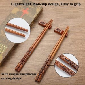 Chopsticks Reusable- Chinese Style Chopsticks, Dragon and Phoenix Chopsticks Set with Holder and Carrying Bag, Natural Wooden Chopstick Gift Set （2 Pairs)