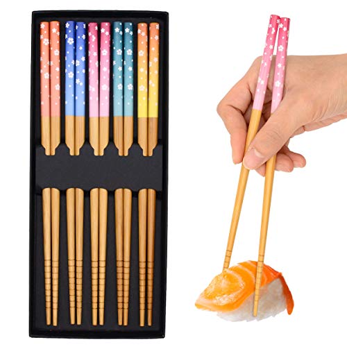 OMyTea Chopsticks Reusable - Japanese Bamboo Chopsticks 5 Pairs Gift Sets, 8.9 Inch/22.5cm, for Sushi, Ramen, Noodles, Rice, Camping, Travel (Sakura)