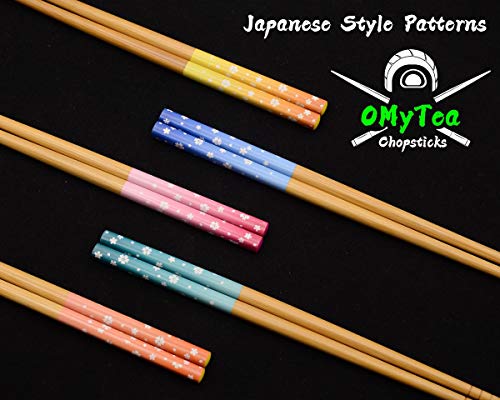 OMyTea Chopsticks Reusable - Japanese Bamboo Chopsticks 5 Pairs Gift Sets, 8.9 Inch/22.5cm, for Sushi, Ramen, Noodles, Rice, Camping, Travel (Sakura)