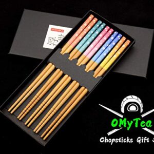 OMyTea Chopsticks Reusable - Japanese Bamboo Chopsticks 5 Pairs Gift Sets, 8.9 Inch/22.5cm, for Sushi, Ramen, Noodles, Rice, Camping, Travel (Sakura)