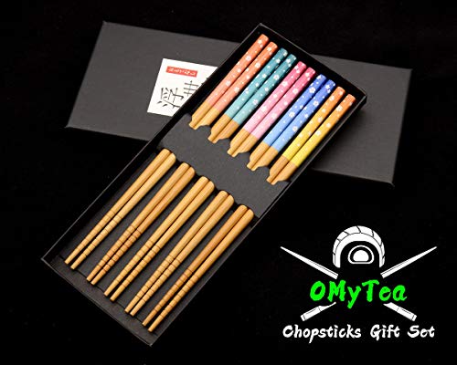 OMyTea Chopsticks Reusable - Japanese Bamboo Chopsticks 5 Pairs Gift Sets, 8.9 Inch/22.5cm, for Sushi, Ramen, Noodles, Rice, Camping, Travel (Sakura)