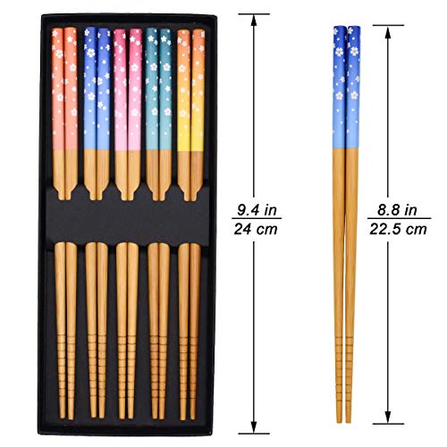 OMyTea Chopsticks Reusable - Japanese Bamboo Chopsticks 5 Pairs Gift Sets, 8.9 Inch/22.5cm, for Sushi, Ramen, Noodles, Rice, Camping, Travel (Sakura)