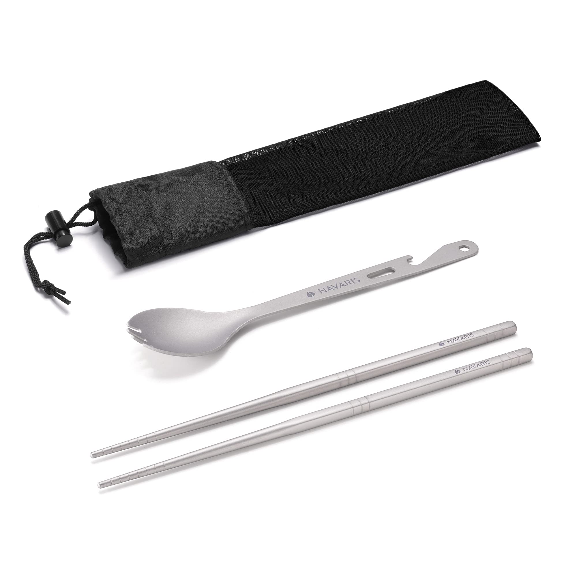 Navaris Titanium Chopsticks and Spork Set - Includes 9" (23cm) Long Metal Chopstick Pair and 7.9" (20cm) Long Double-Ended Spork/Bottle Opener