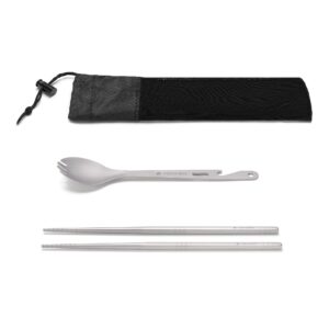 Navaris Titanium Chopsticks and Spork Set - Includes 9" (23cm) Long Metal Chopstick Pair and 7.9" (20cm) Long Double-Ended Spork/Bottle Opener