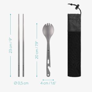 Navaris Titanium Chopsticks and Spork Set - Includes 9" (23cm) Long Metal Chopstick Pair and 7.9" (20cm) Long Double-Ended Spork/Bottle Opener