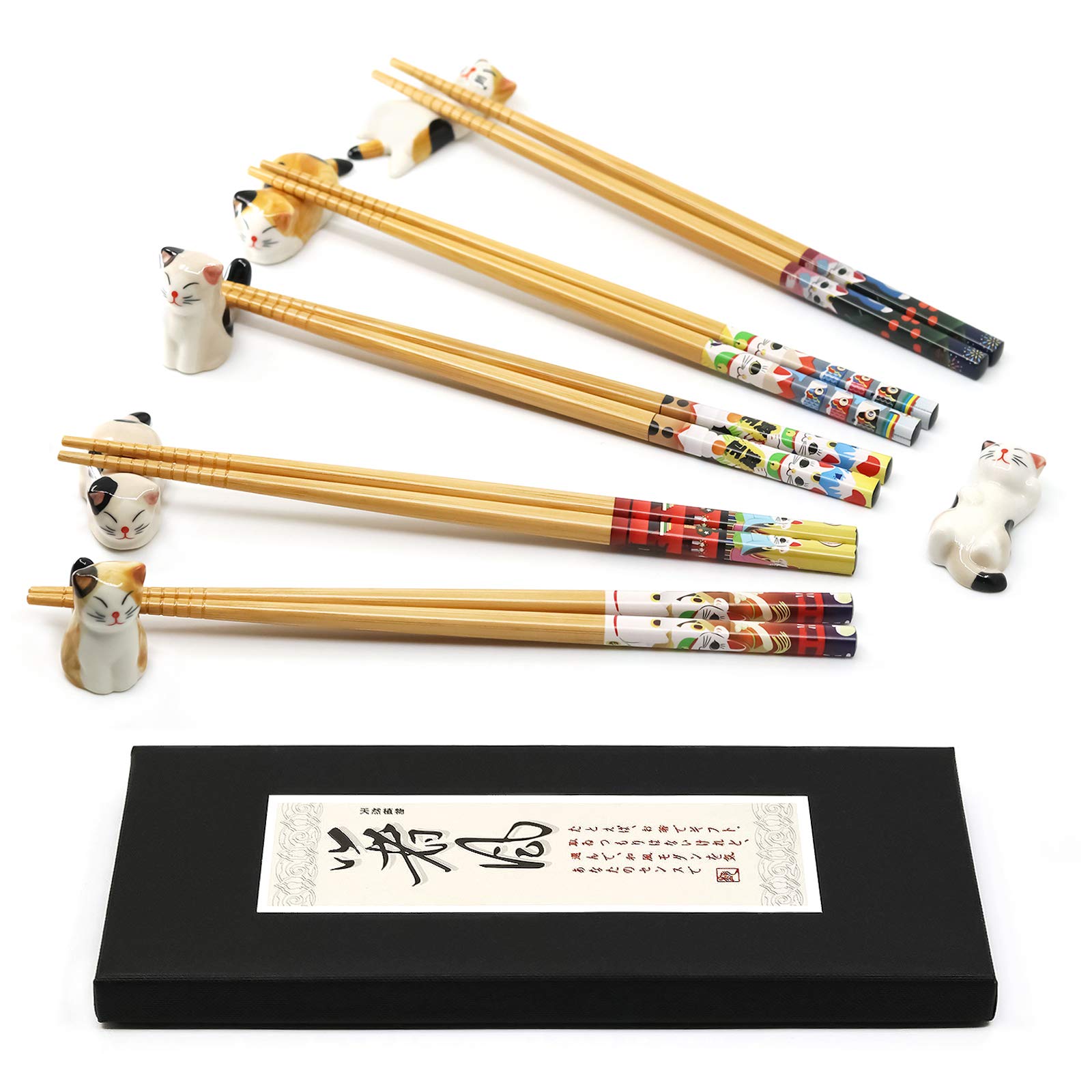 MeowHaus 5 Pairs Chopsticks with 6 Cute Lucky Cats Chopstick Rest Set, Classic Japanese Style Reusable Light and Handy Natural Bamboo, Chinese Chopstick gift set