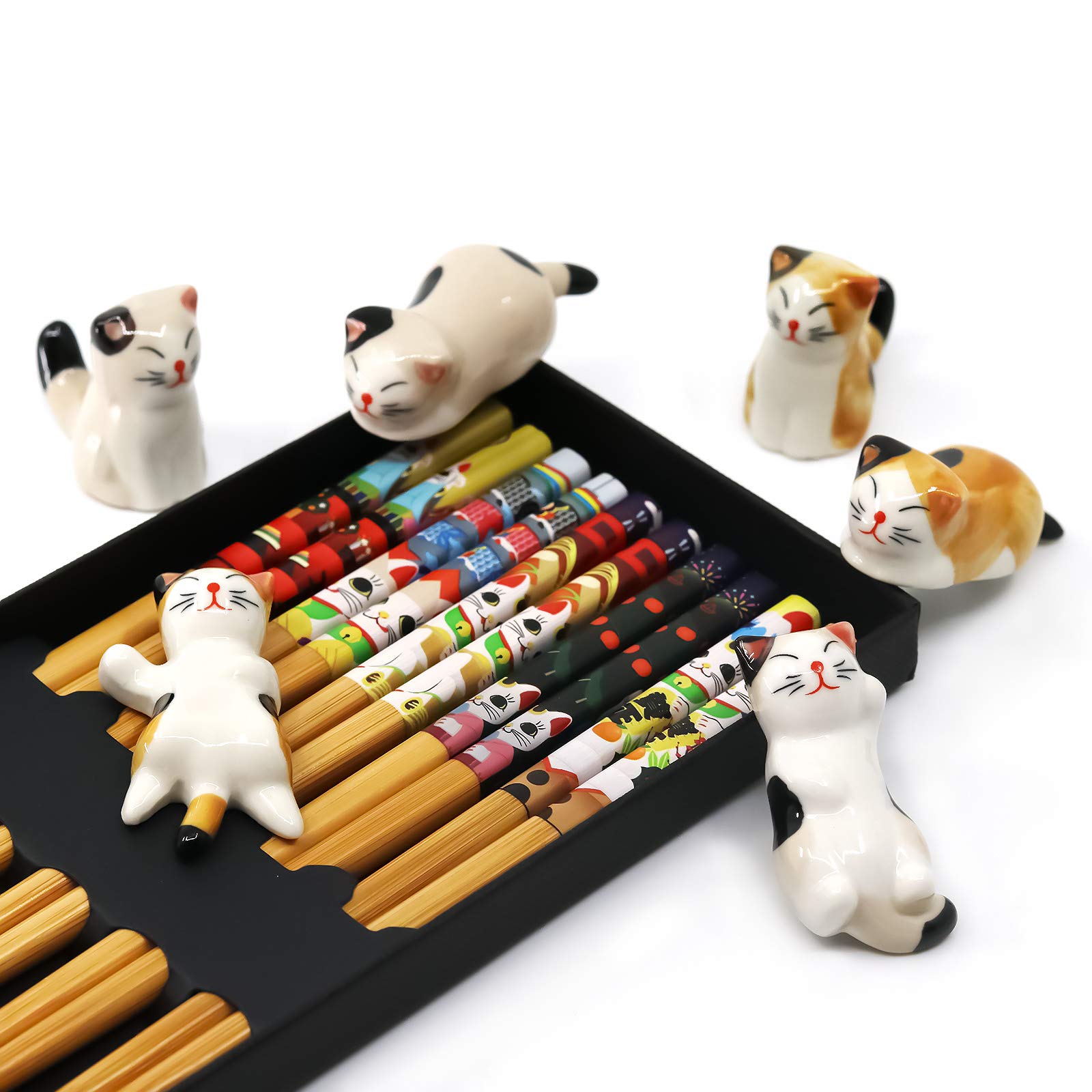 MeowHaus 5 Pairs Chopsticks with 6 Cute Lucky Cats Chopstick Rest Set, Classic Japanese Style Reusable Light and Handy Natural Bamboo, Chinese Chopstick gift set