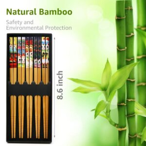 MeowHaus 5 Pairs Chopsticks with 6 Cute Lucky Cats Chopstick Rest Set, Classic Japanese Style Reusable Light and Handy Natural Bamboo, Chinese Chopstick gift set