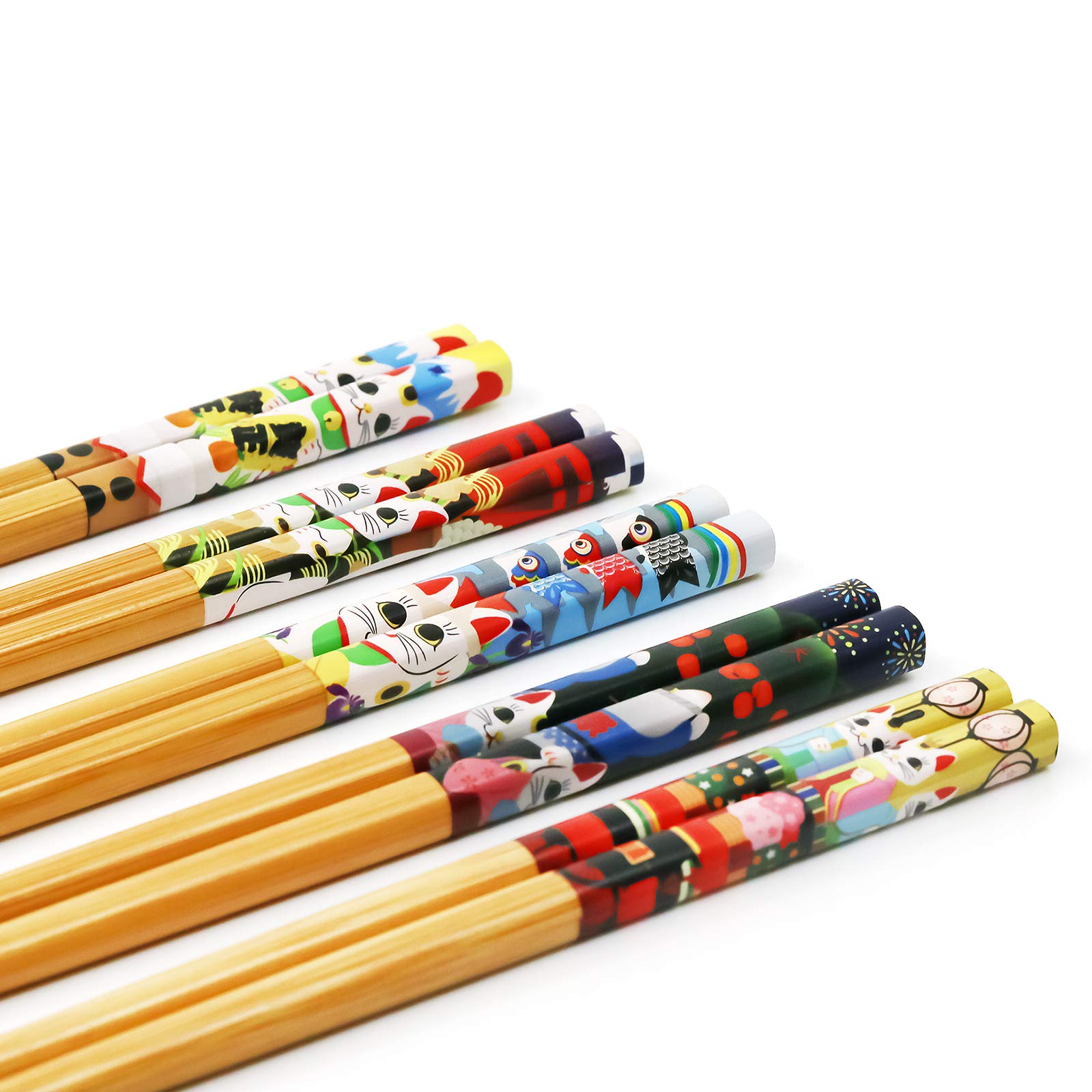 MeowHaus 5 Pairs Chopsticks with 6 Cute Lucky Cats Chopstick Rest Set, Classic Japanese Style Reusable Light and Handy Natural Bamboo, Chinese Chopstick gift set