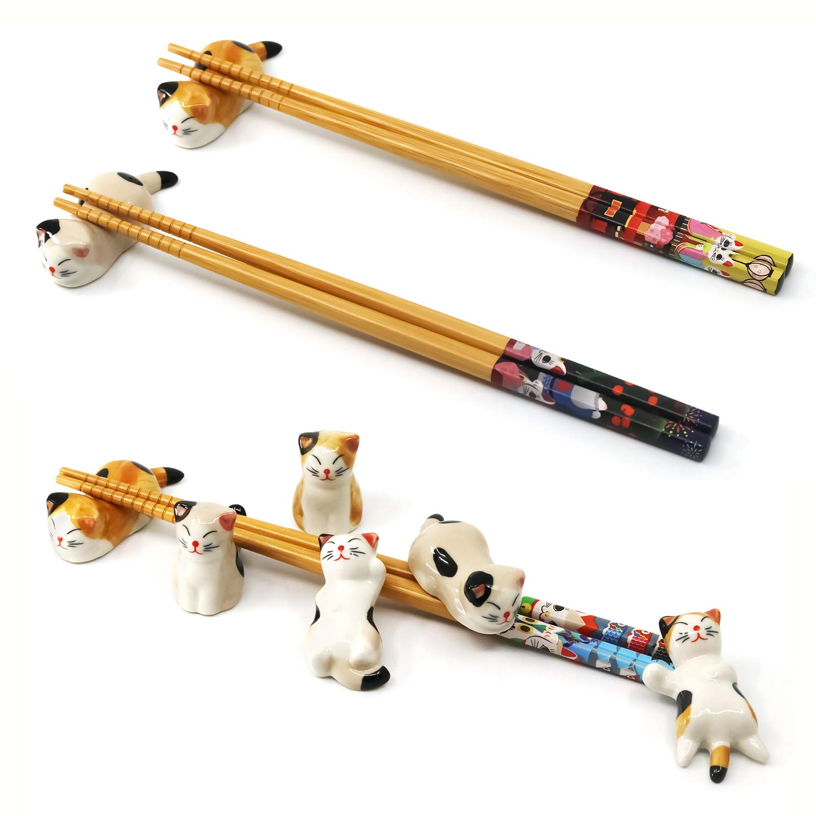 MeowHaus 5 Pairs Chopsticks with 6 Cute Lucky Cats Chopstick Rest Set, Classic Japanese Style Reusable Light and Handy Natural Bamboo, Chinese Chopstick gift set