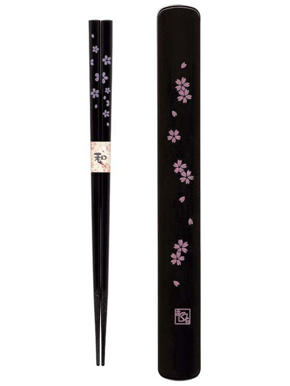 Happy Sales HSKS7/B, Travel Chopstick with Case, Black Pink Sakura Cherry Blossom