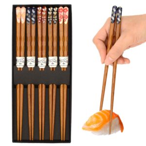 omytea chopsticks reusable - japanese wooden chopsticks 5 pairs gift sets, 9 inch/23cm, for sushi, ramen, noodles, rice, camping, travel (sakura nails)