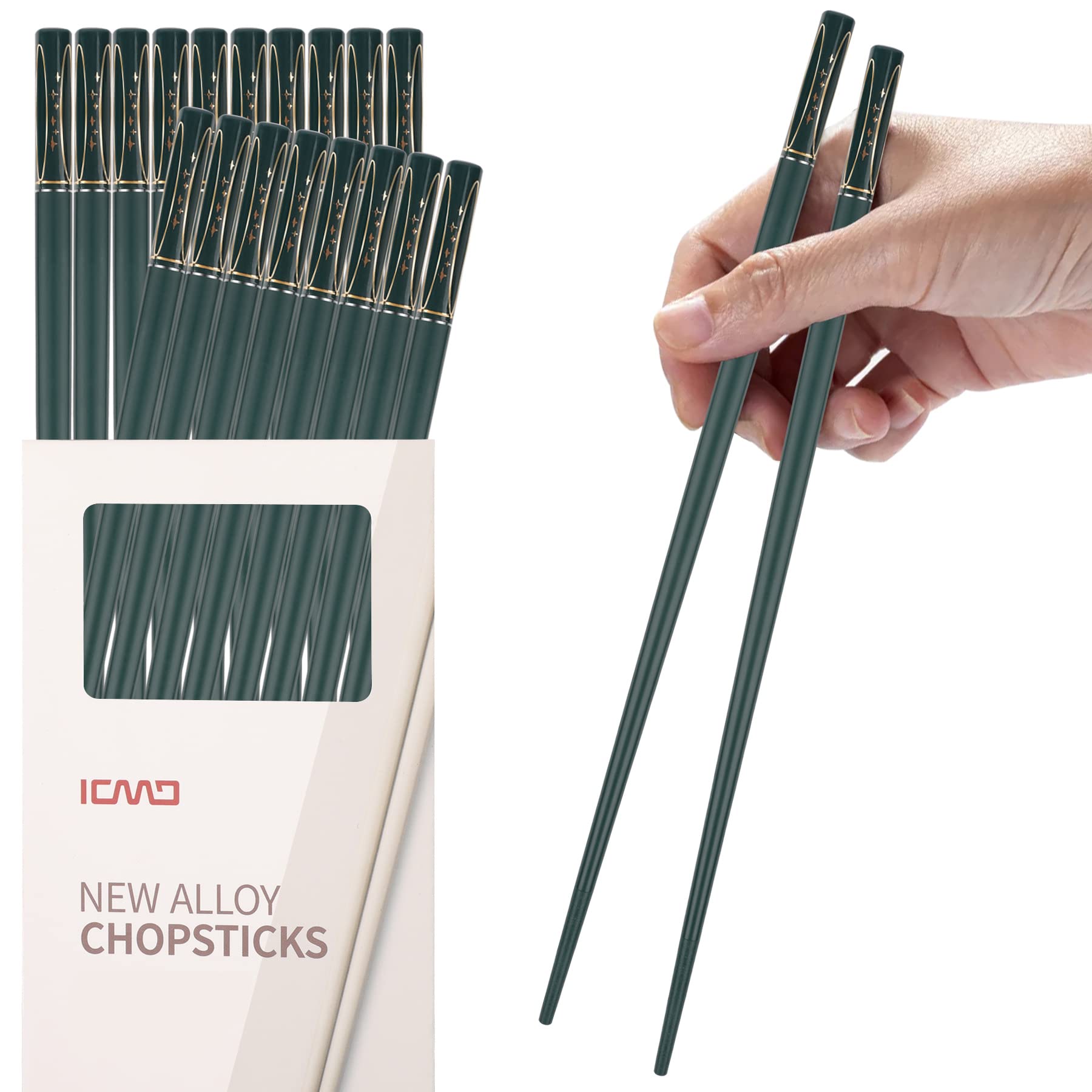 10 Pairs Fiberglass Chopsticks-Reusable Chopsticks Dishwasher Safe, 9.57 inch/24.3cm Non-Slip Family/ Hotel/ Restaurant Chinese Chop Sticks, Korean/Japanese ChopStick, Dark Green