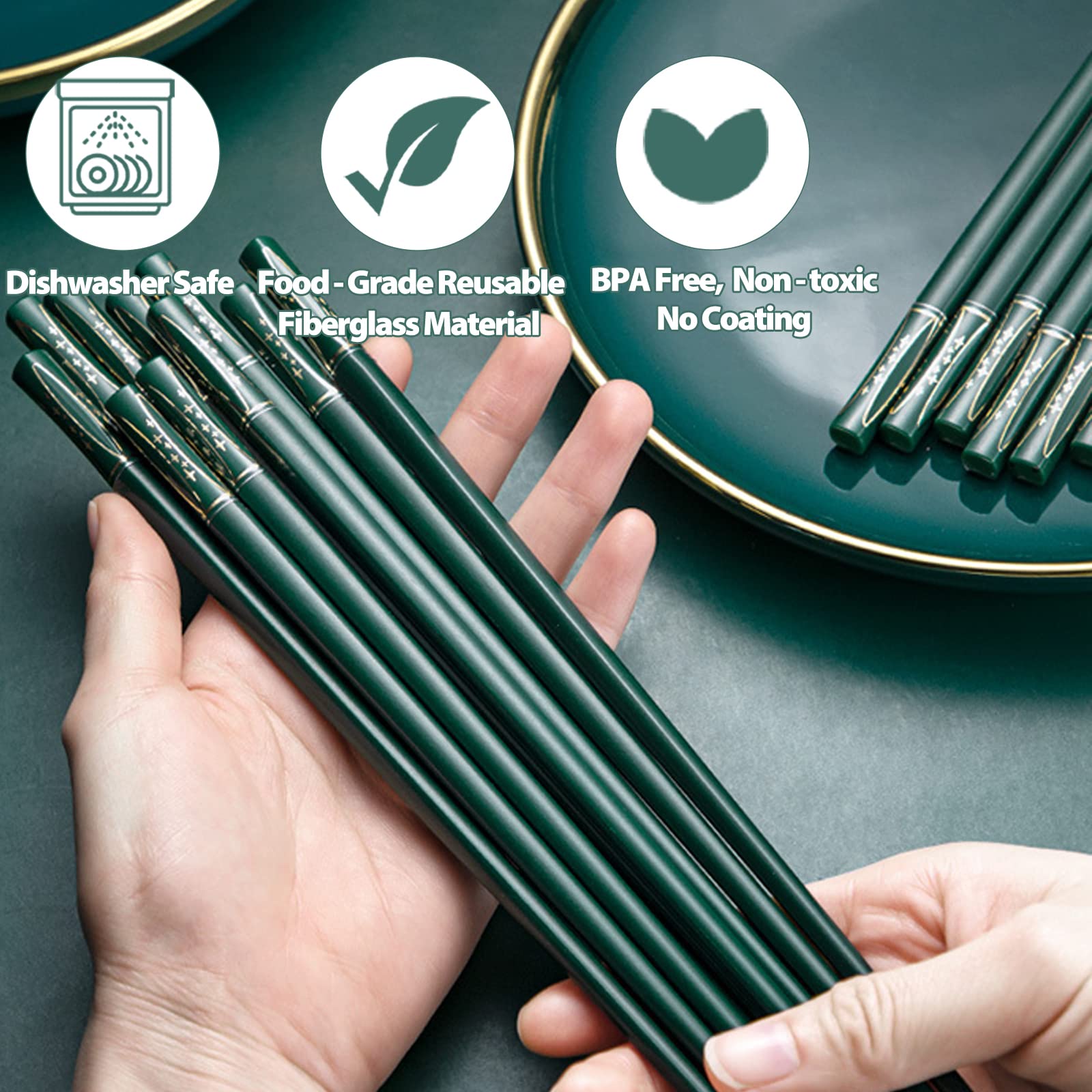 10 Pairs Fiberglass Chopsticks-Reusable Chopsticks Dishwasher Safe, 9.57 inch/24.3cm Non-Slip Family/ Hotel/ Restaurant Chinese Chop Sticks, Korean/Japanese ChopStick, Dark Green