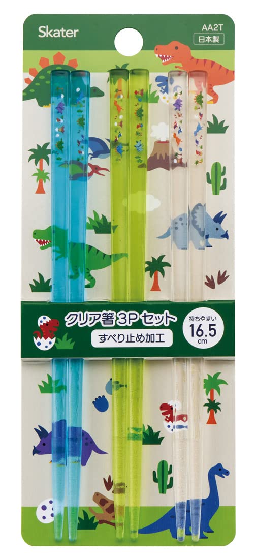 Skater AA2T-A Clear Acrylic Chopsticks, 6.5 inches (16.5 cm), Set of 3, Dinosaurus, Made in Japan