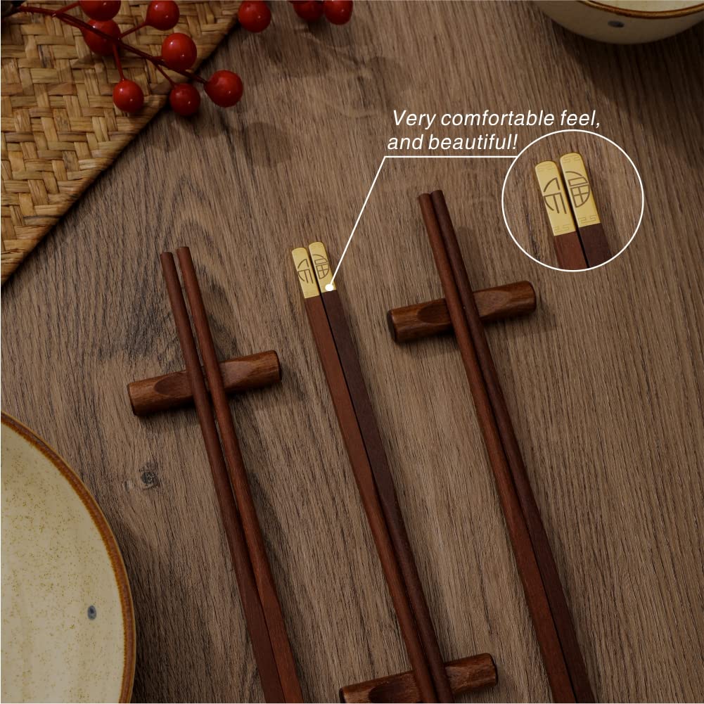 CHENWENTAO ''Fu'' chopsticks reusable gift solid wood suitable for making exquisite small gifts 5 pairs per box, reddish brown