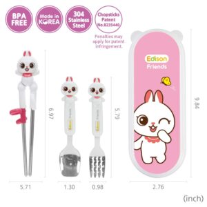 Edison Friends Rabbit Stainless Steel Chopsticks, Spoon, Fork and Case 4 Set, Chopsticks Training, Beginner, Brain Training (White Rabbit) Right Handed/Made in Korea