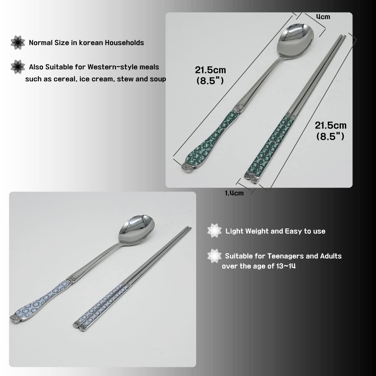 BALWOO [Made in Korea] Goryeo Celadon Design Korean Table Sticky Rice Spoon and Chopsticks 430 Stainless Steel Glossy Surface Mukbang Cutlery (Blue)