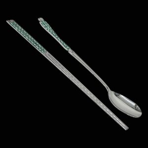 BALWOO [Made in Korea] Goryeo Celadon Design Korean Table Sticky Rice Spoon and Chopsticks 430 Stainless Steel Glossy Surface Mukbang Cutlery (Blue)