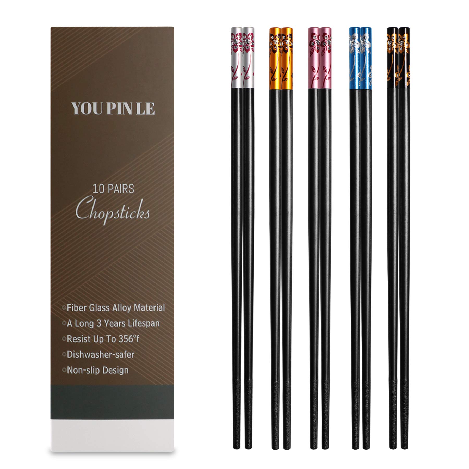 YOUPINLE 10 Pairs Fiberglass Chopsticks-Reusable Chopsticks Dishwasher Safe,9 1/2 Inches- Multicolored