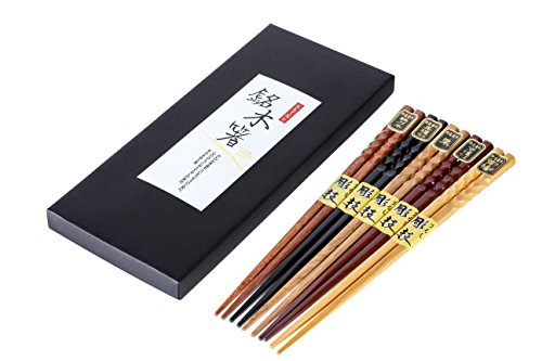 Heim Concept 5- Pairs Natural Wood Chopsticks Reusable Chinese Korean Japanese Chopsticks Set Bamboo Chop Stick