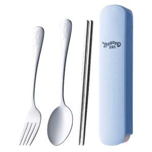 beyond 280 stainless steel flatware set for school, travel and outdoor, portable 3 piece set reusable chopsticks, fork, spoon (blue case)