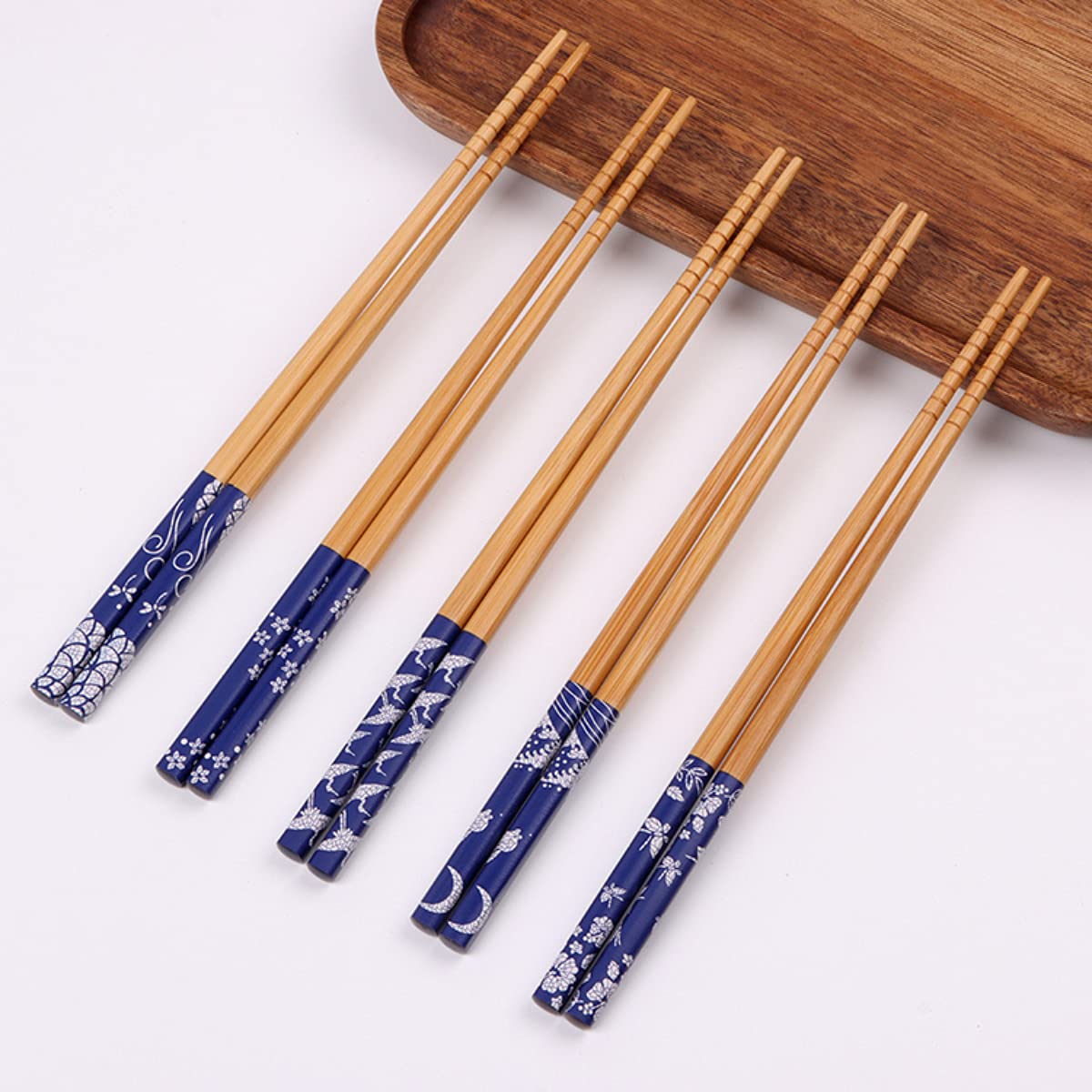 BuBuBum 5 Pair Chopsticks Reusable Pack, Ribbed Chopsticks, Natural Wood Bamboo Chopstick Japan Style, Non slip Chop sticks, Dishwasher Safe,Tableware Sushi Ramen, 8.8 Inch/22.5cm (Natural Bamboo)