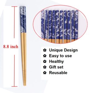 BuBuBum 5 Pair Chopsticks Reusable Pack, Ribbed Chopsticks, Natural Wood Bamboo Chopstick Japan Style, Non slip Chop sticks, Dishwasher Safe,Tableware Sushi Ramen, 8.8 Inch/22.5cm (Natural Bamboo)