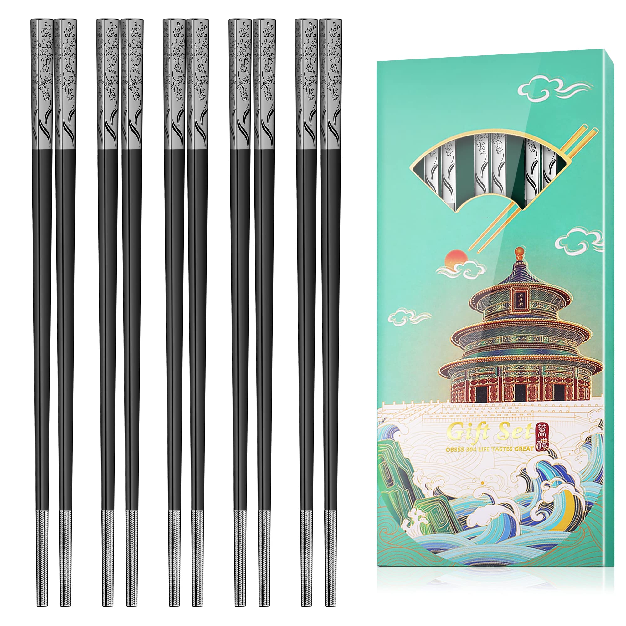 5 Pairs Black Stainless Steel 18/10 Chopsticks Reusable, Metal Non-slip Chopsticks, Korean Japanese Chinese Chopsticks, Gift Set