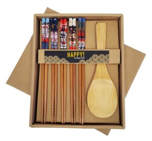 happy sales ch-81, bamboo chopsticks gift set rice paddle included lucky cat