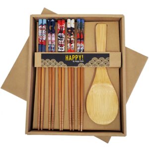 Happy Sales CH-81, Bamboo Chopsticks Gift Set Rice Paddle Included Lucky Cat