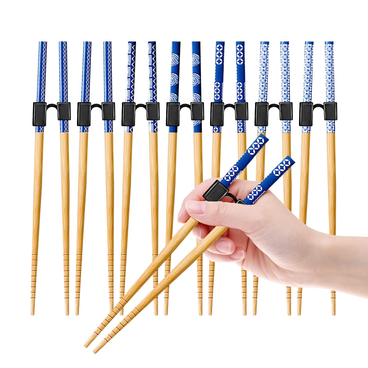 7 Pairs Reusable Training Chopsticks Helpers for Kids Adult Trainer Beginner Learner, Japanese Bamboo Chopsticks and Non-Slip Connector Set, Dishwasher Safe, L8.86Inch (5.Porcelain print)