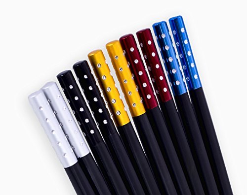 Reusable Non-slip Chinese Chopsticks By Chinese Emporium. Luxury Black Chopstick Set with 5 Colored Sparkling Metal Bands. Great Chopsticks For Beginners. Made from Non-toxic Alloy Melamine