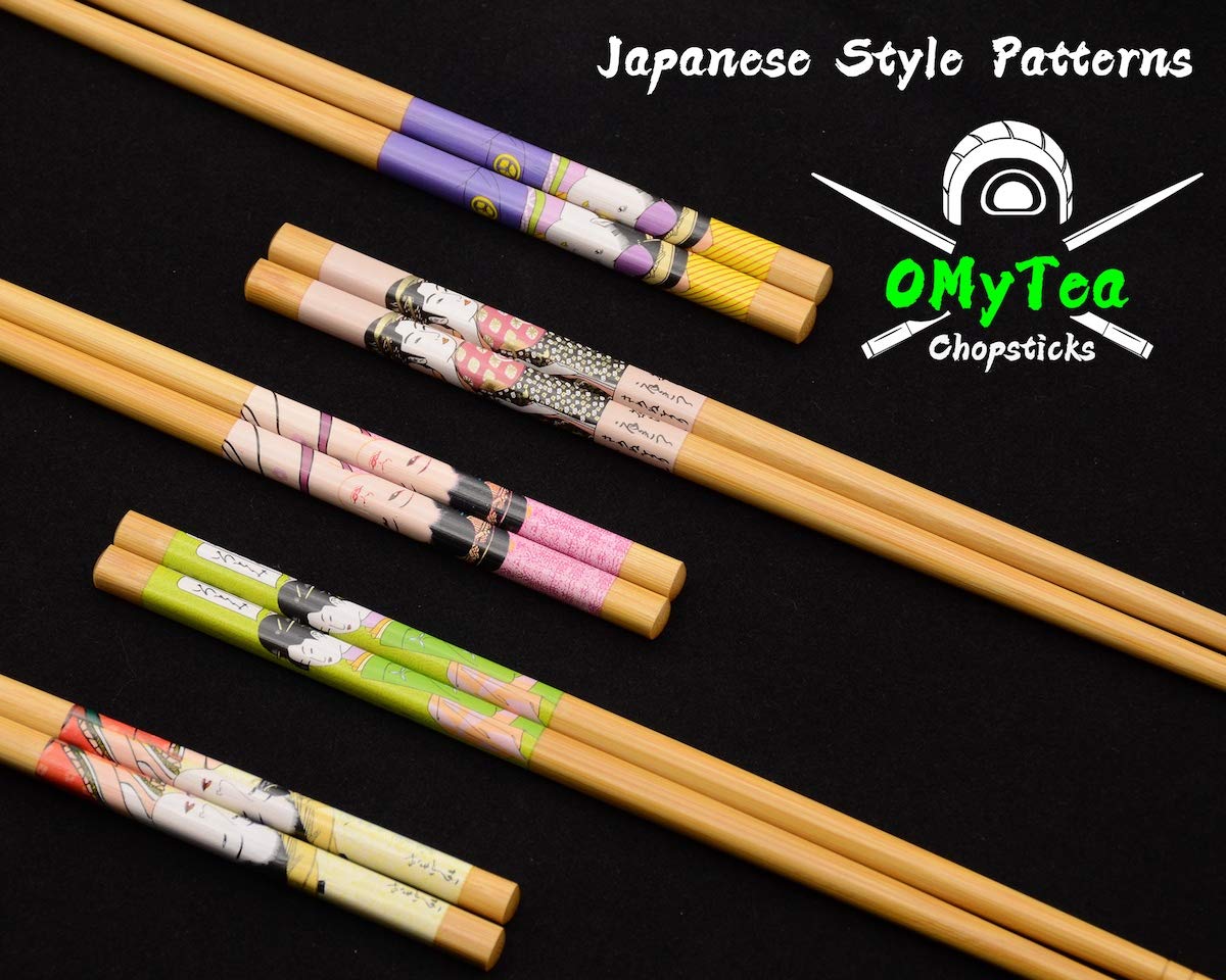 OMyTea Chopsticks Reusable - Japanese Bamboo Chopsticks 5 Pairs Gift Sets, 8.9 Inch/22.5cm, for Sushi, Ramen, Noodles, Rice, Camping, Travel (Geisha Girl)