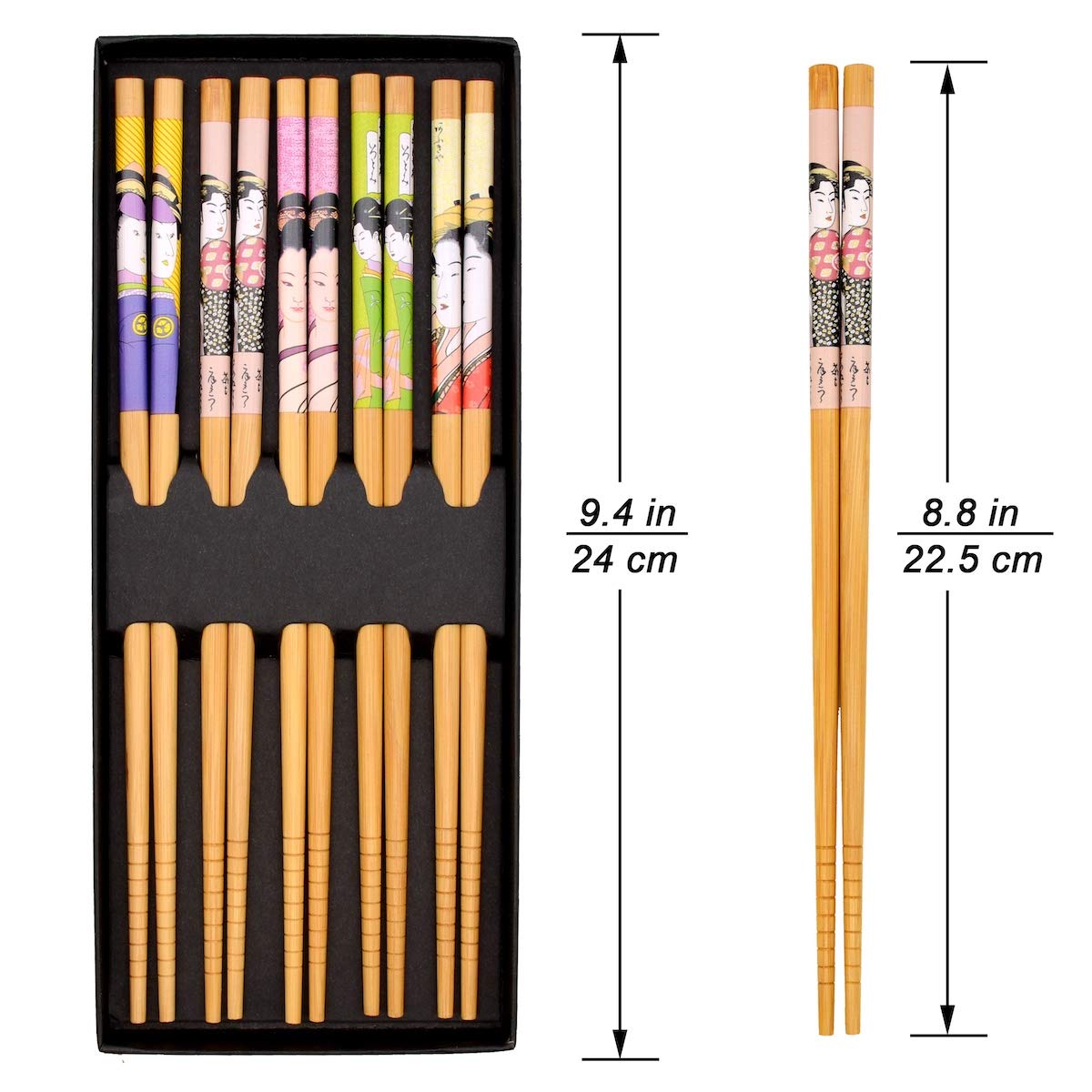 OMyTea Chopsticks Reusable - Japanese Bamboo Chopsticks 5 Pairs Gift Sets, 8.9 Inch/22.5cm, for Sushi, Ramen, Noodles, Rice, Camping, Travel (Geisha Girl)