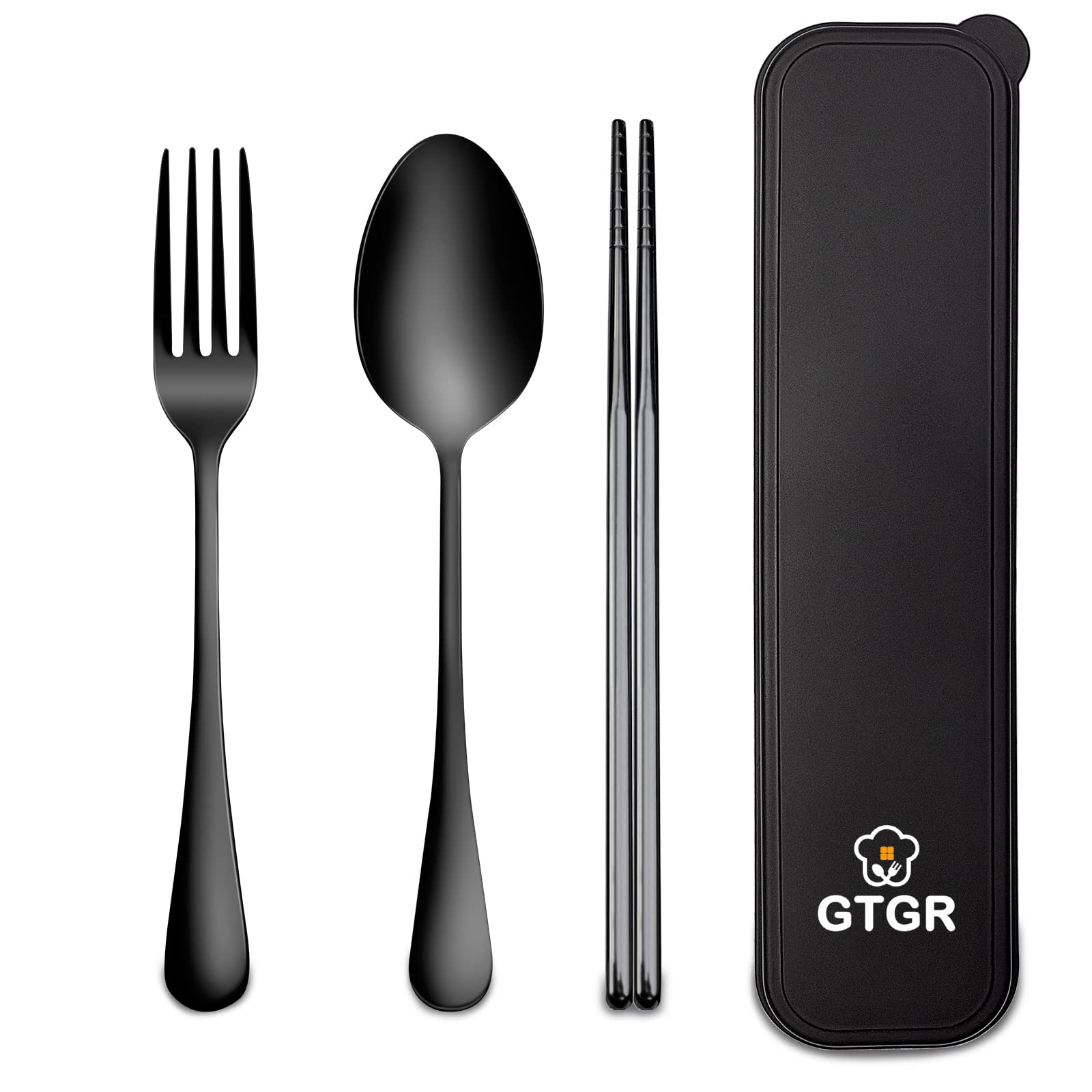 Portable Travel Utensils Set with Case 18/8 Stainless Steel Cutlery Set Include Fork Spoon and Chopsticks with Case Reusable Utensil Set for Work (Black)