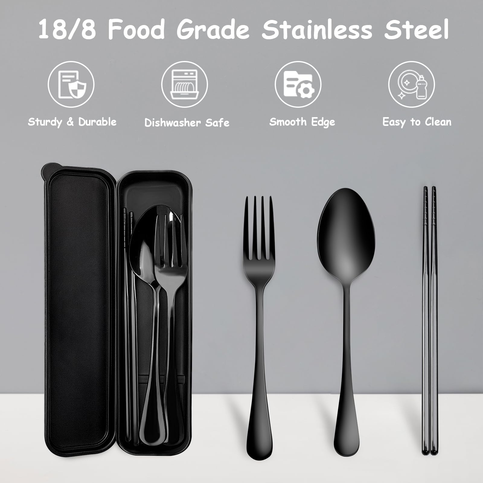 Portable Travel Utensils Set with Case 18/8 Stainless Steel Cutlery Set Include Fork Spoon and Chopsticks with Case Reusable Utensil Set for Work (Black)