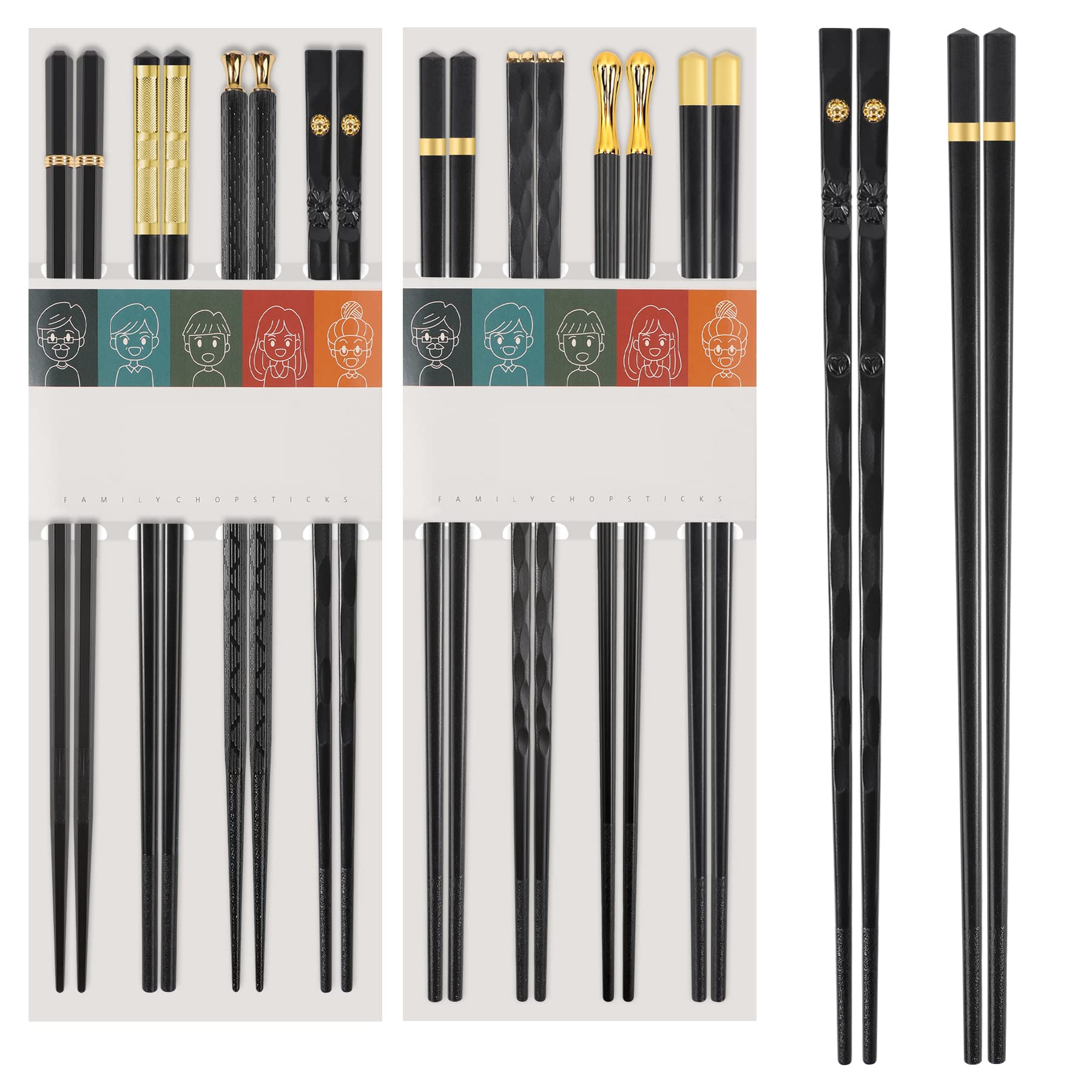 8 Pairs Fiberglass Chopsticks-Reusable Chopsticks Dishwasher Safe, 9.57 inch/24.3cm Matte Non-Slip Japanese Chinese Family/ Hotel/ Restaurant Chop Sticks, Hair ChopStick Gift Set, Black