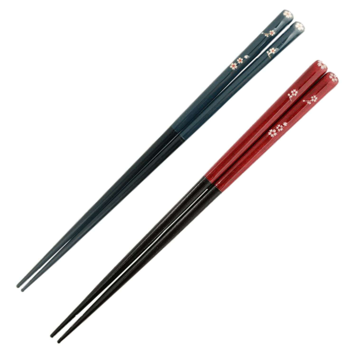 Japanese Natural Lacquered Wooden Chopsticks - Set of 2 Pairs - with Gift Box - Handmade - Cherry Blossom Motif - Blue 9.25 in and Red 8.46 in