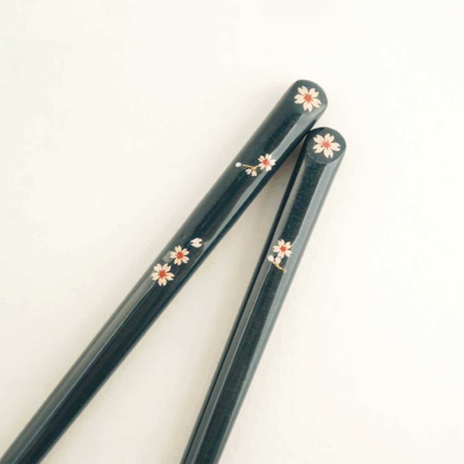 Japanese Natural Lacquered Wooden Chopsticks - Set of 2 Pairs - with Gift Box - Handmade - Cherry Blossom Motif - Blue 9.25 in and Red 8.46 in