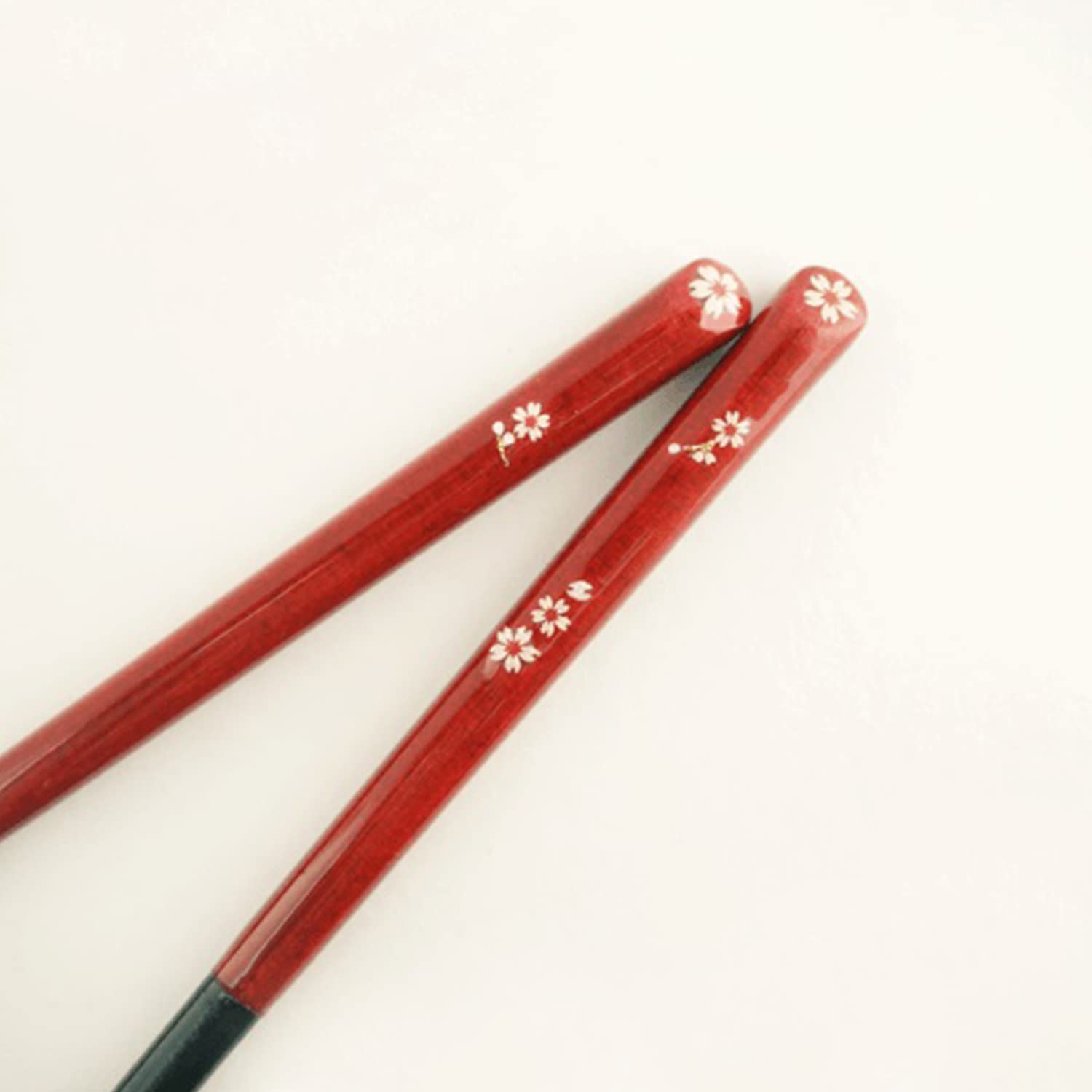 Japanese Natural Lacquered Wooden Chopsticks - Set of 2 Pairs - with Gift Box - Handmade - Cherry Blossom Motif - Blue 9.25 in and Red 8.46 in